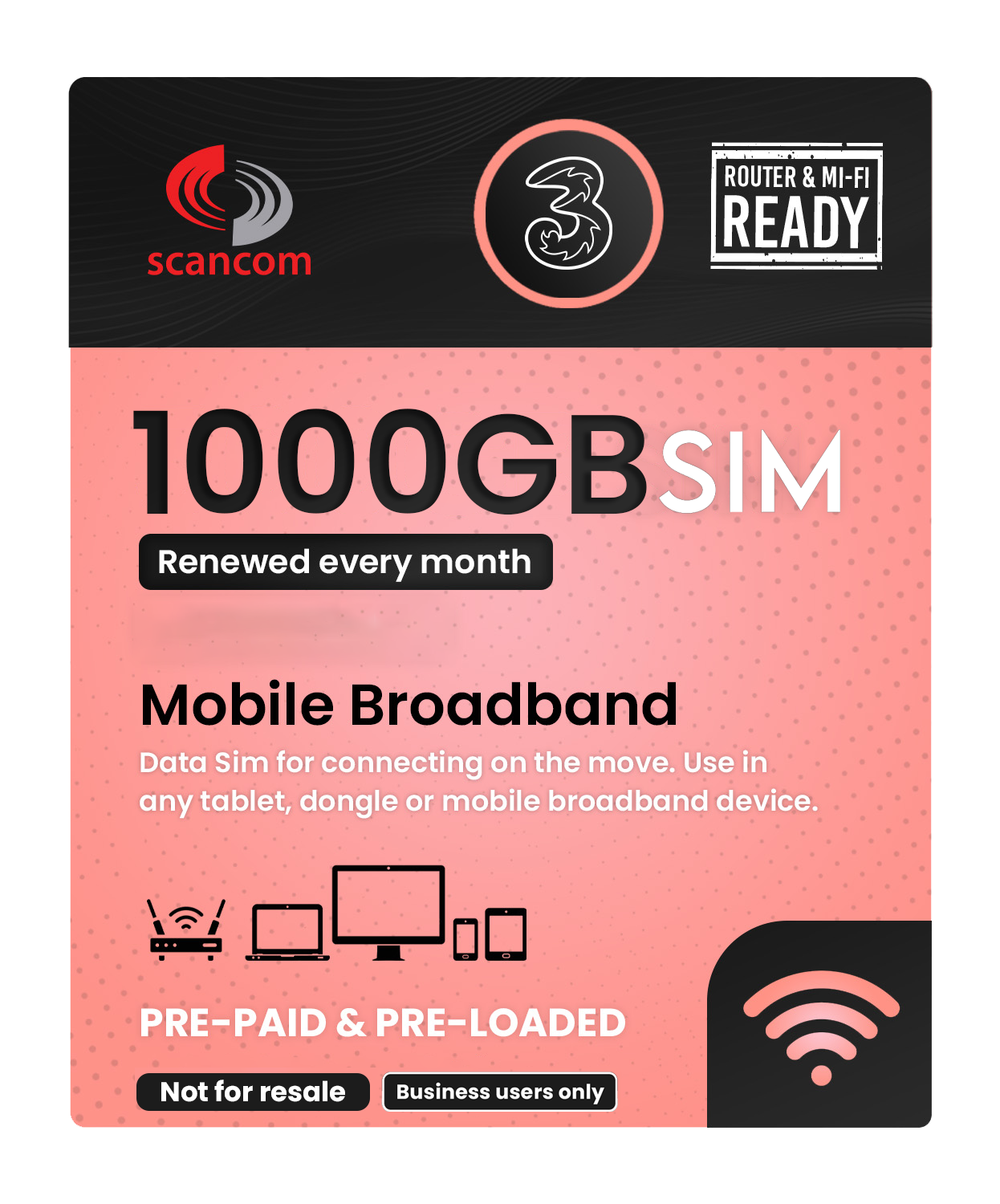Three 1000GB Preloaded Data SIM per month - Choose your expiry date